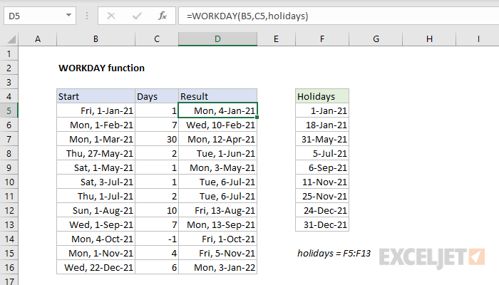 Excel WORKDAY Function Exceljet